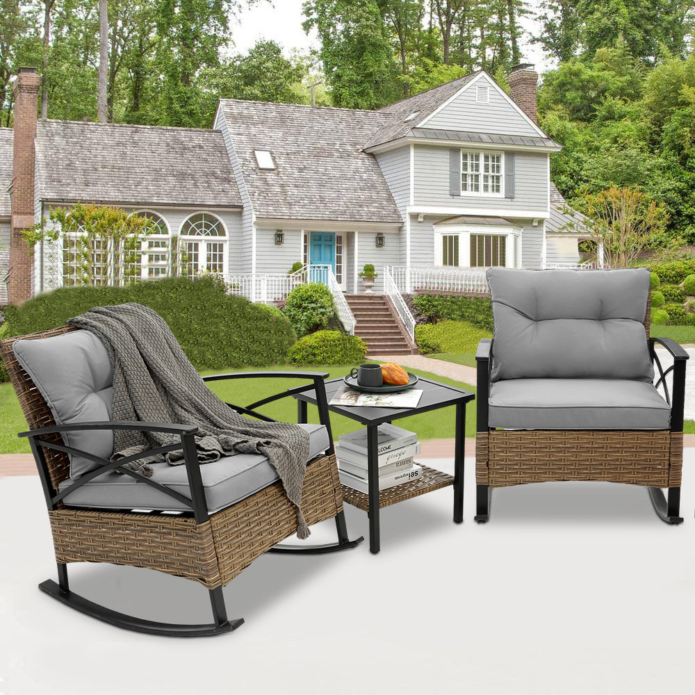 3 Pcs Patio Rocking Bistro Set, PE Wicker Bistro Set with Soft Cushion ...